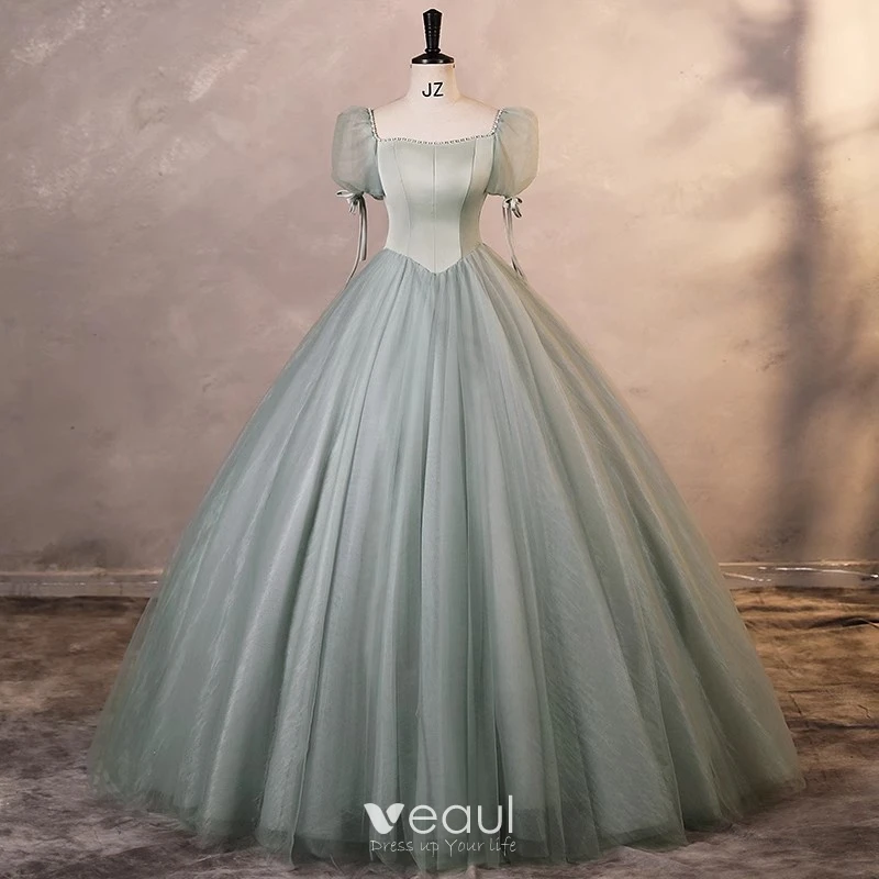 Elegant Sage Green Prom Dresses 2023 Ball Gown Square Neckline Puffy