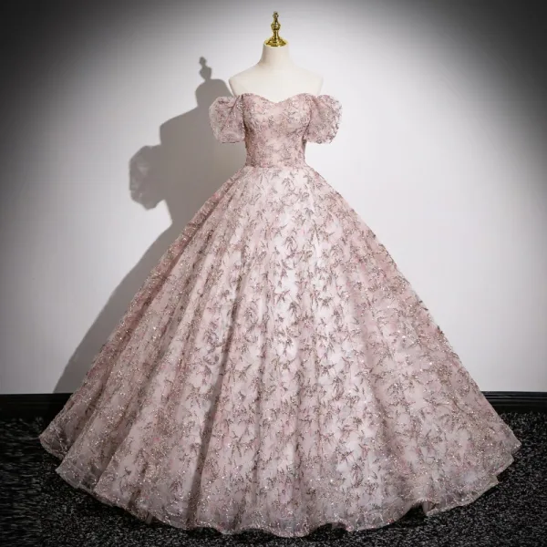 Bling Bling Blushing Pink Sequins Ball Gown Prom Dresses 2024 Off-The ...
