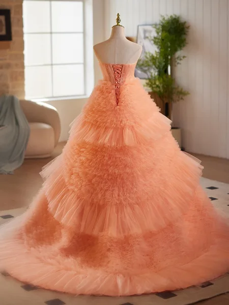 Chic / Beautiful Orange Beading Cascading Ruffles Prom Dresses 2025 A ...
