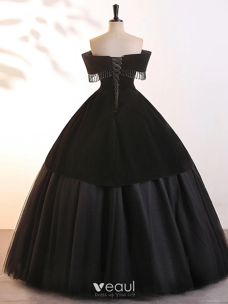 Demure Black Beading Tassel Prom Dresses 2025 Ball Gown Off-The ...