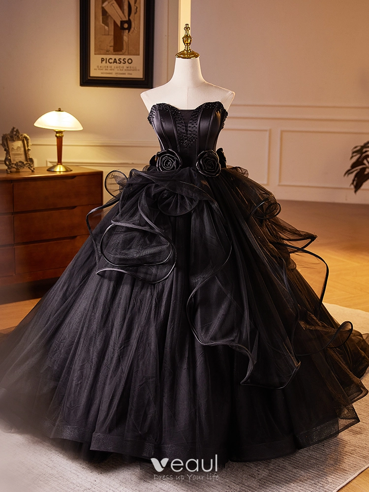 Fashion Black Appliques Cascading Ruffles Prom Dresses 2024 Ball Gown ...