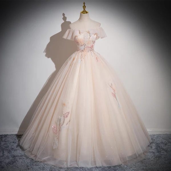 Chic / Beautiful Champagne Beading Sequins Lace Flower Prom Dresses ...