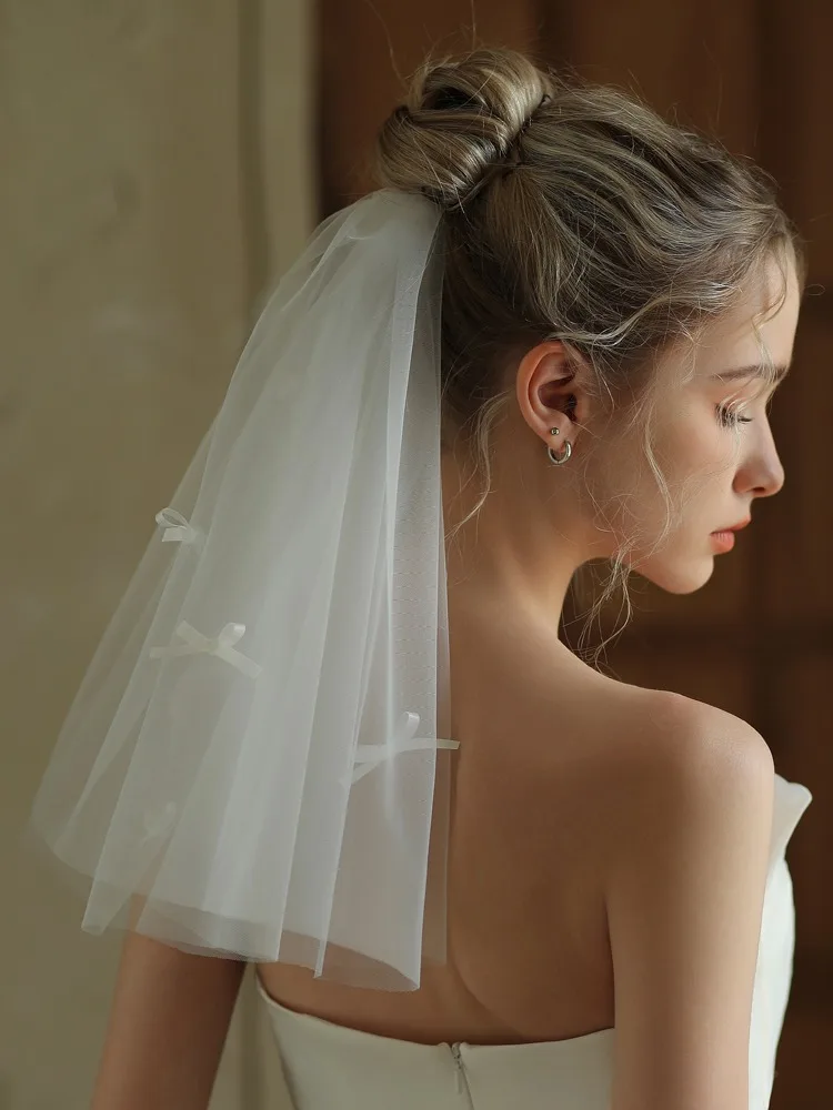 Modest / Simple White Bow Bridal Wedding Veils 2025 Tulle