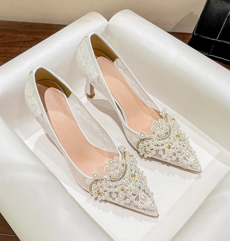 Elegant Hvit Blonder Rhinestone Brudesko 2024 Lær 8 cm Stiletthæler ...
