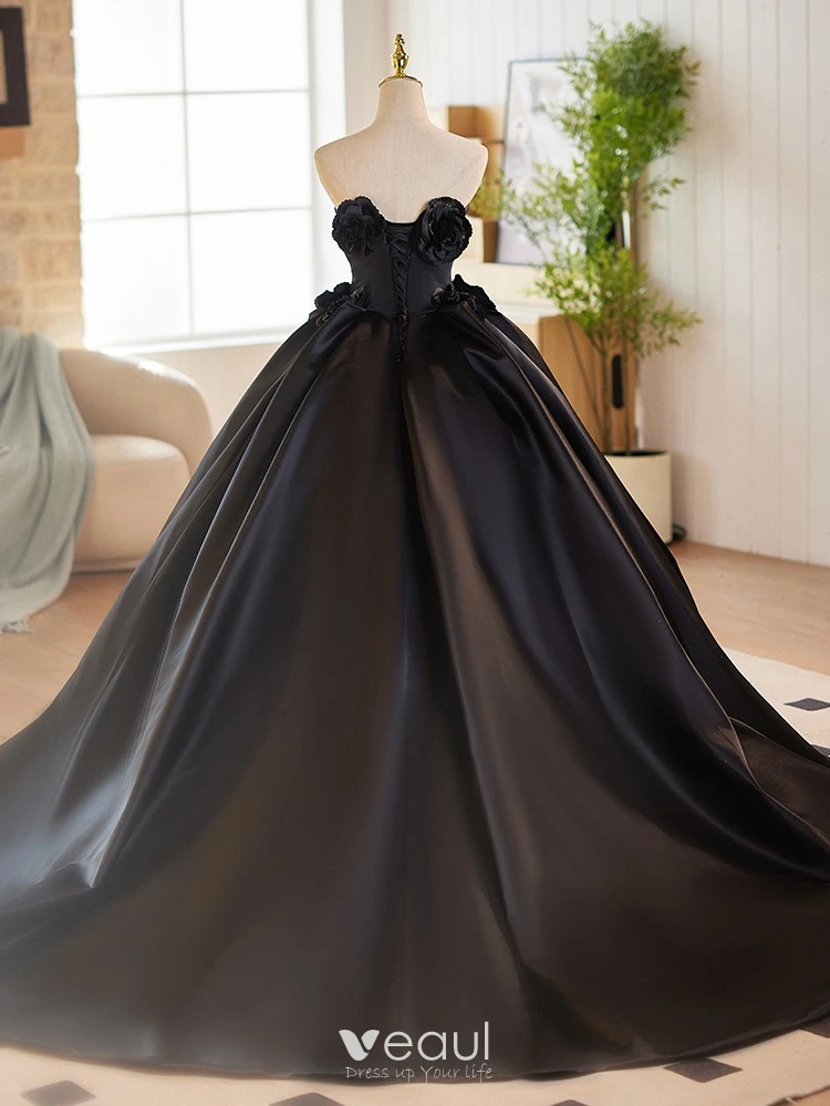 Demure Black Appliques Satin Prom Dresses 2025 Ball Gown Sweetheart ...
