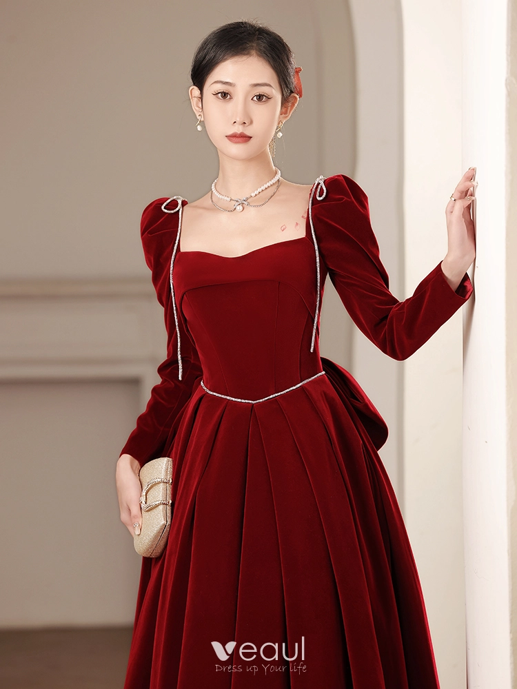 Elegant Burgundy Velour Winter Prom Dresses 2023 A-Line / Princess ...
