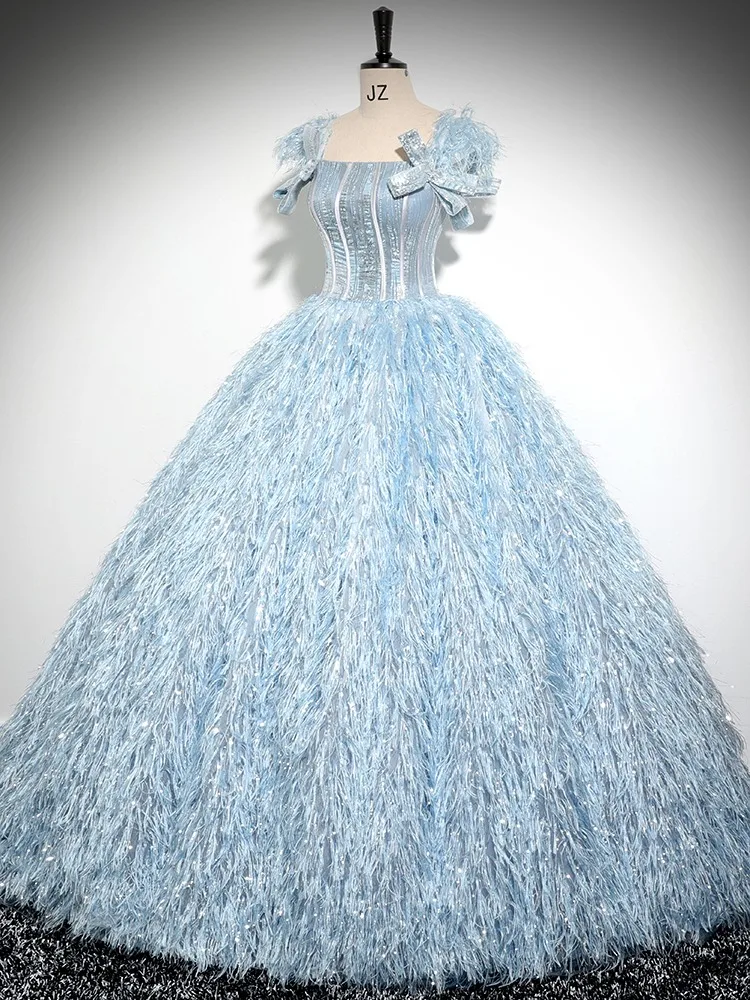 Mode Bleu Ciel Noeud Gland Robe De Bal 2024 Robe Boule Encolure Carrée ...