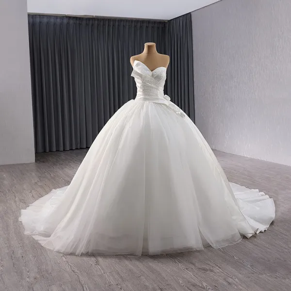 Modest / Simple White Beading Sequins Satin Wedding Dresses 2024 Ball ... Modest / Simple White Beading Sequins Satin Wedding Dresses 2024 Ball ...