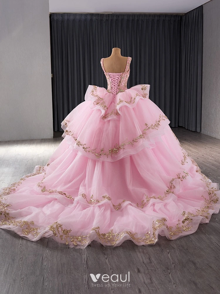 High-end Candy Pink Handmade Beading Pearl Sequins Cascading Ruffles ...