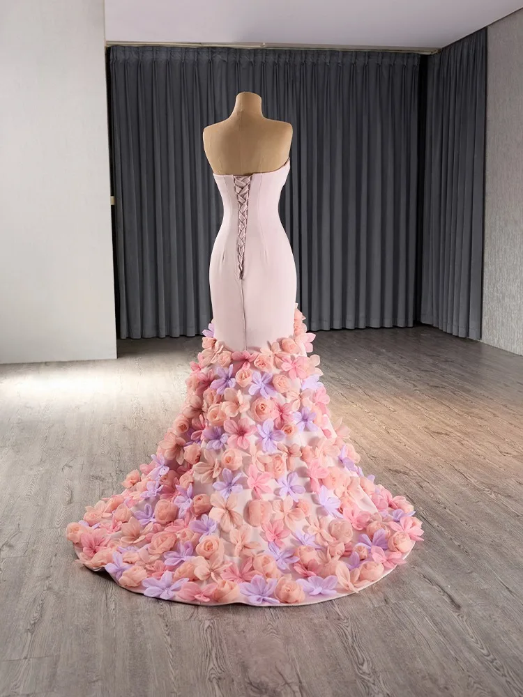 Gama Alta Hada de las flores Rosa Clara Apliques Asimétrico Vestidos de ...