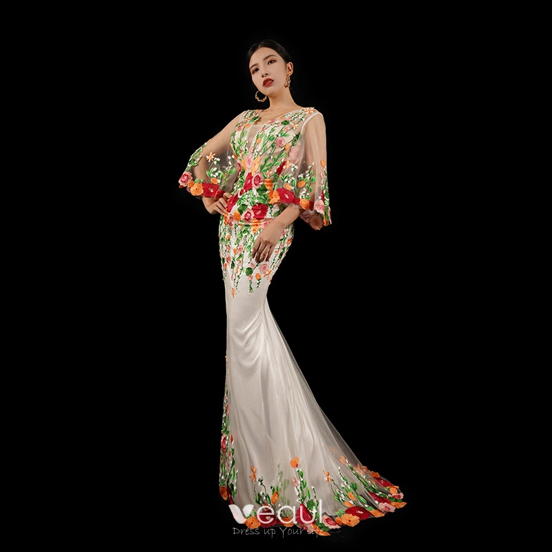 High-end Multi-Colors Embroidered Flower Evening Dresses 2023 Trumpet ... High-end Multi-Colors Embroidered Flower Evening Dresses 2023 Trumpet ...