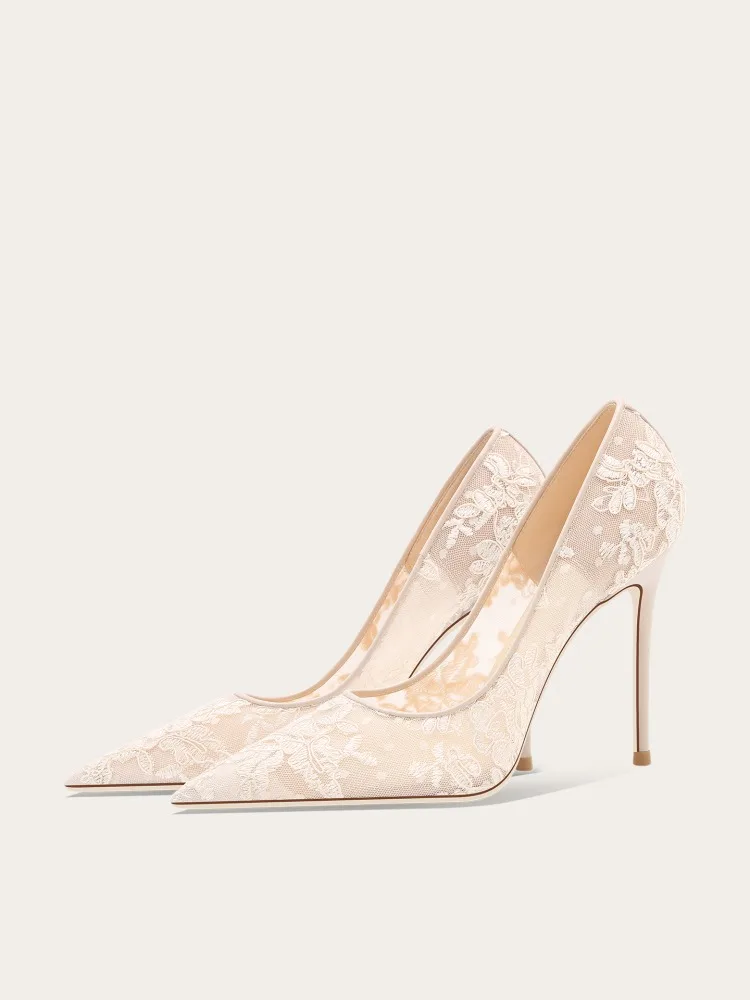 Elegant Hvit Blonder Blomst Brudesko 2025 Lær 10 cm Stiletthæler Spisse ...