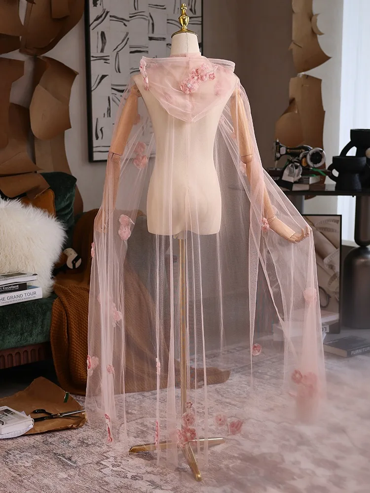 Lovely Blushing Pink Handmade Appliques Prom shawl cloak 2025 Tulle