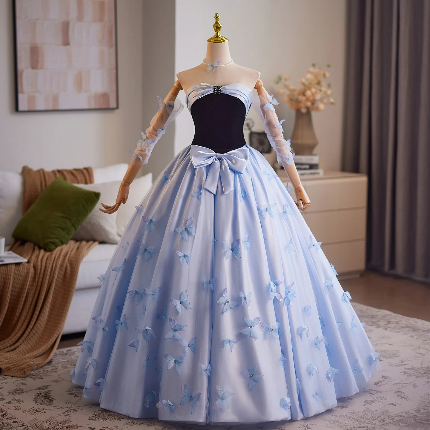 Charming Sky Blue Bow Butterfly Prom Dresses 2025 Ball Gown Strapless ...