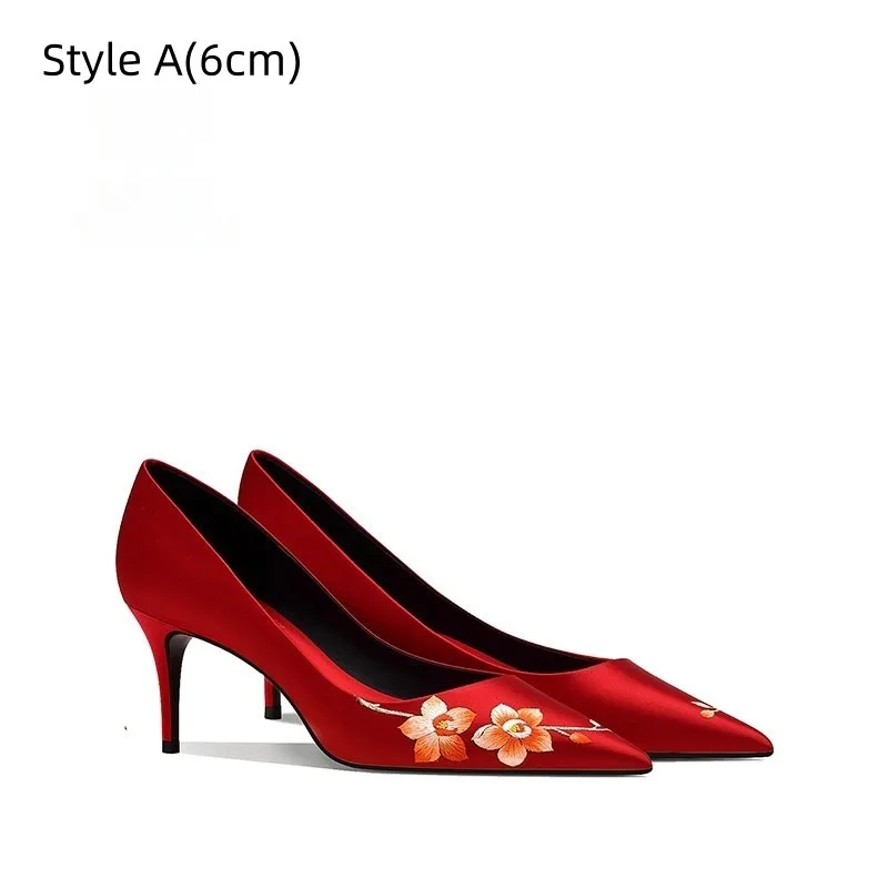 Chinese style Red Handmade Embroidered Wedding Shoes 2026 6 cm Stiletto ...