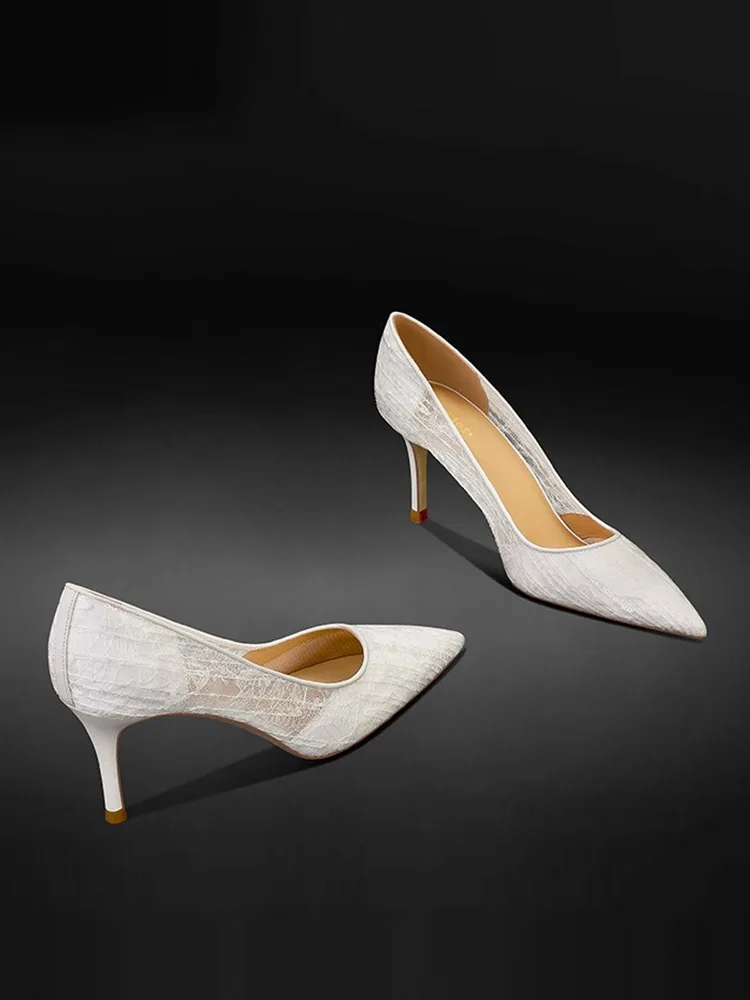Elegant Hvit Blonder Blomst Brudesko 2024 Lær 6 cm Stiletthæler Spisse ...