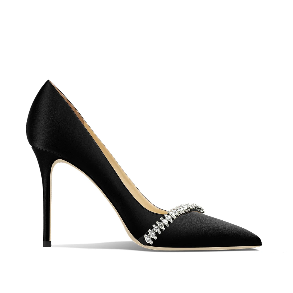 Sexet Sorte Rhinestone Selskabs Pumps 2024 Læder 10 cm Stiletter Spidse ...