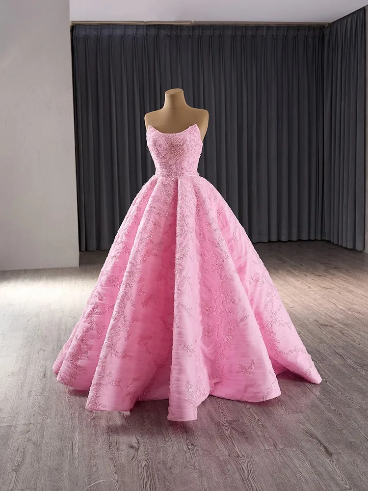 Elegant High-end Candy Pink Handmade Beading Sequins Prom Dresses 2024 ...