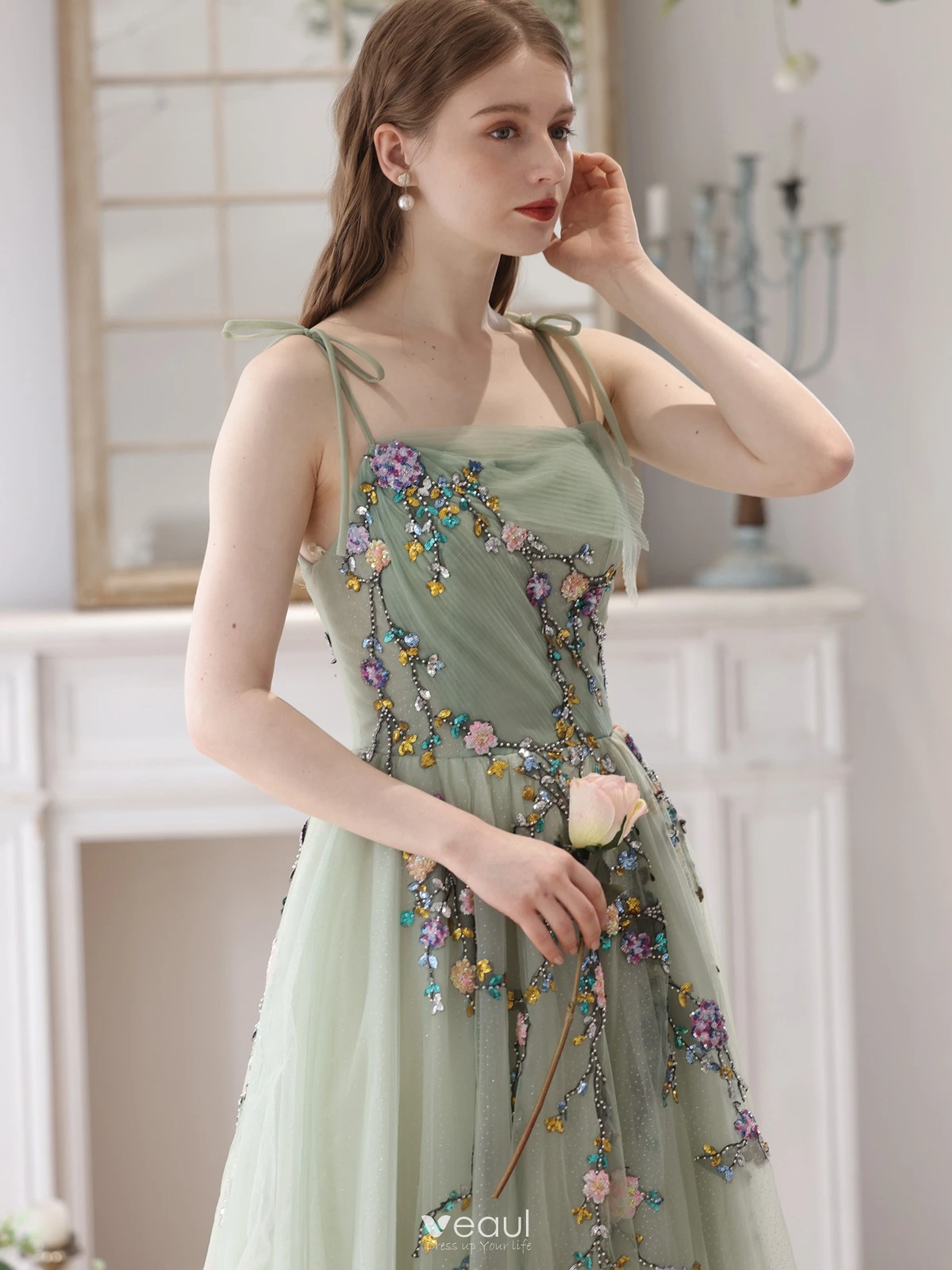 Chic / Beautiful Sage Green Beading Lace Flower Prom Dresses 2024 A ...