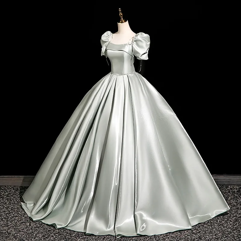 Demure Grey Satin Prom Dresses 2025 Ball Gown Square Neckline Short ...