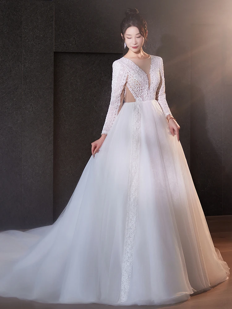 Elegant Hvit Blonder Blomst Brudekjoler 2024 Prinsesse Dyp v-hals ...