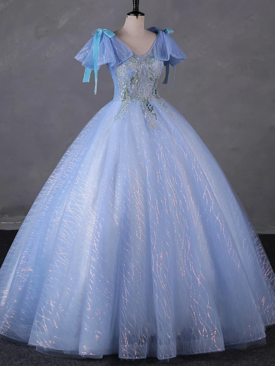 Fashion Sky Blue Beading Sequins Prom Dresses 2023 Ball Gown V-Neck ...