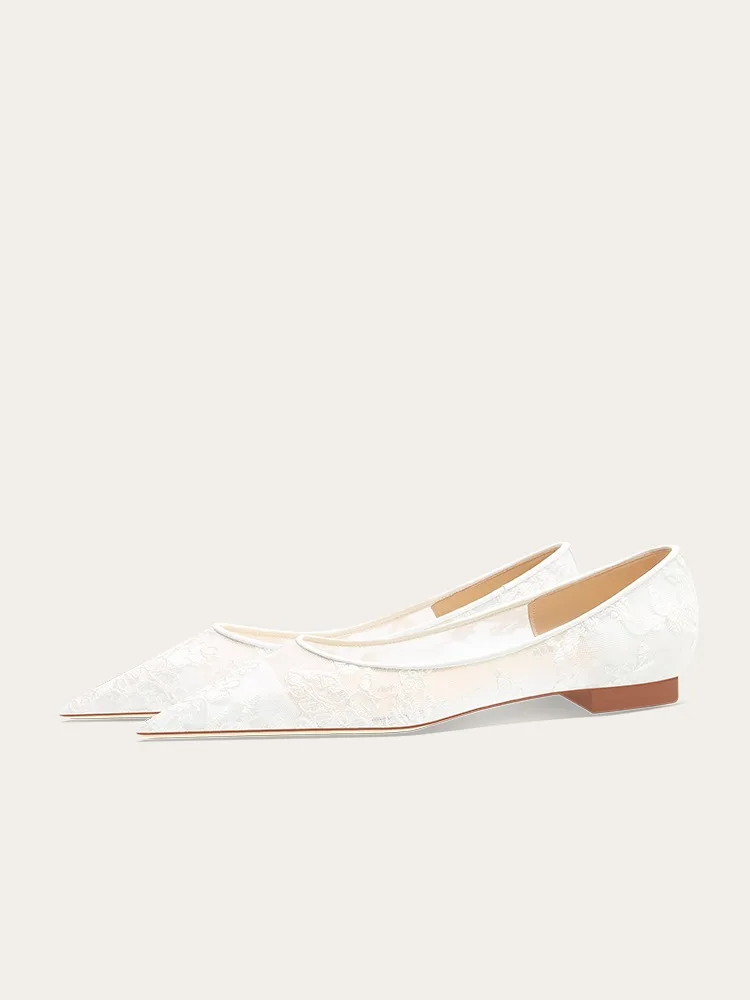 Modest / Simple White Flat Lace Pointed Toe Wedding Shoes 2024 Wedding ...