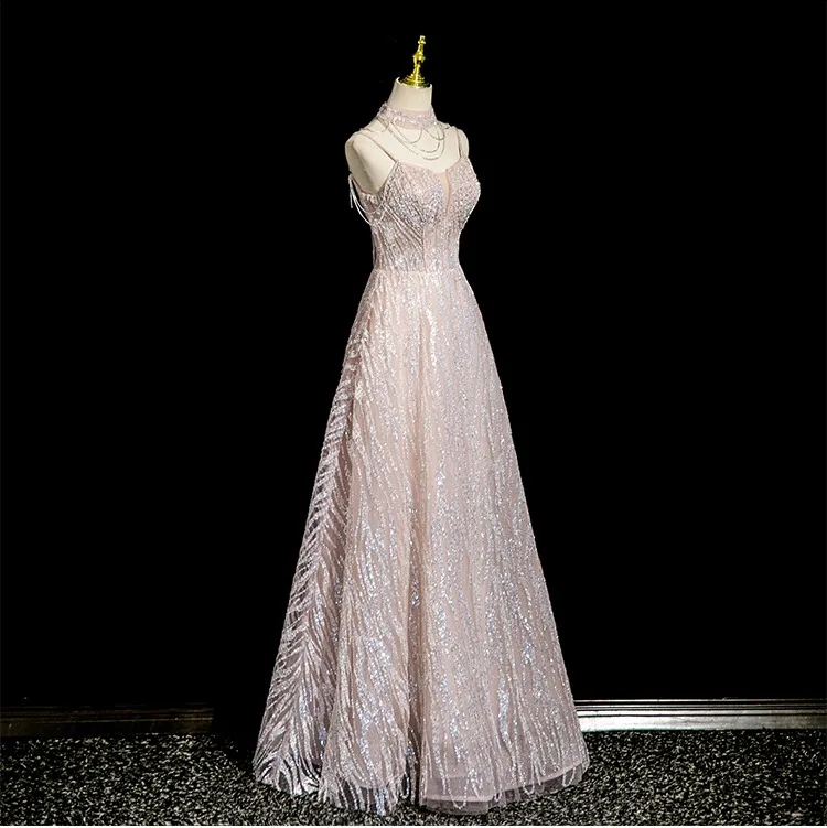 Sparkly Blushing Pink Beading Rhinestone Sequins Prom Dresses 2025 A ...