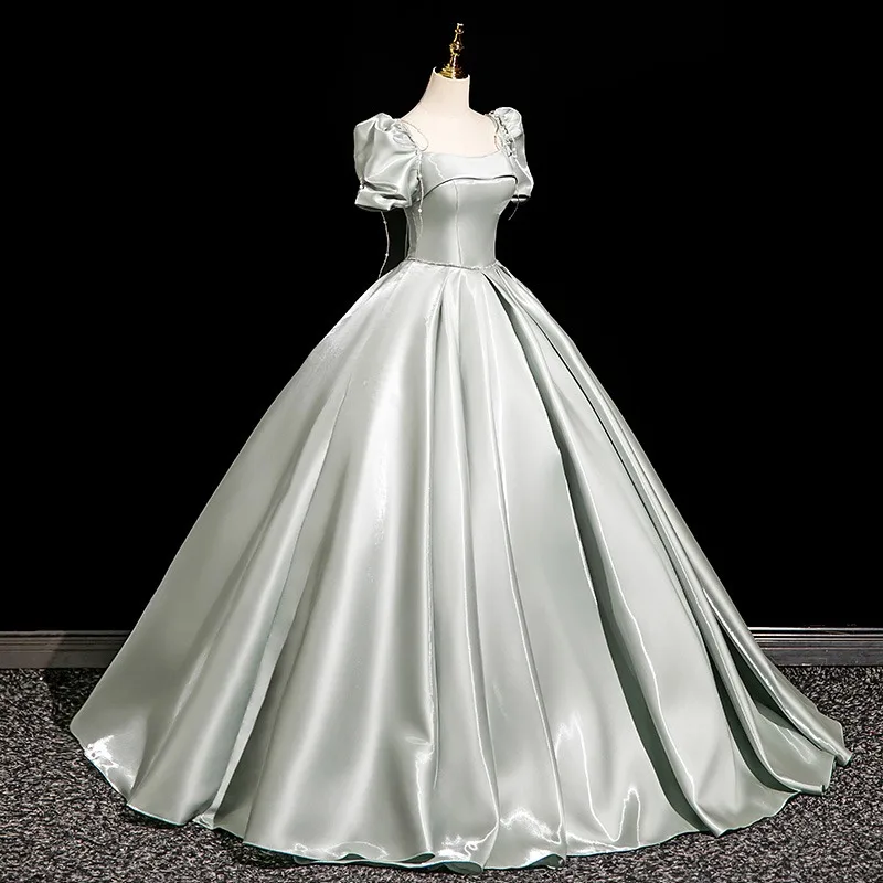 Demure Grey Satin Prom Dresses 2025 Ball Gown Square Neckline Short ...