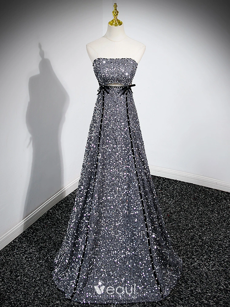 Sparkly Black Sequins Prom Dresses 2024 A-Line / Princess Strapless ...