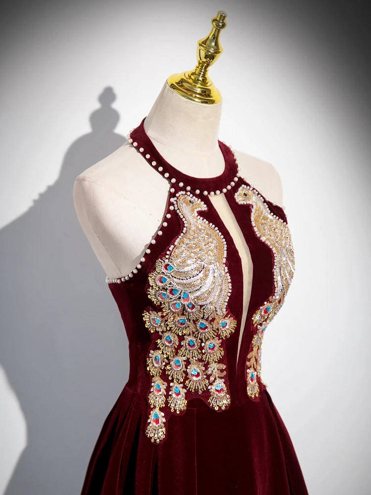 Chic / Beautiful Burgundy Beading Pearl Sequins Velvet Prom Dresses ...