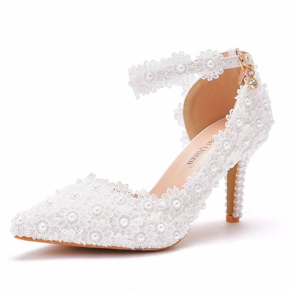 Elegant Hvit Perle Blonder Blomst Brudesko 2022 8 cm Stiletthæler ...