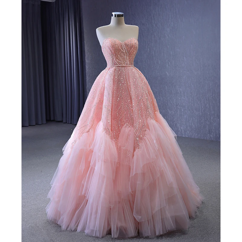 High-end Candy Pink Beading Sequins Ruffle Prom Dresses 2023 A-Line ...