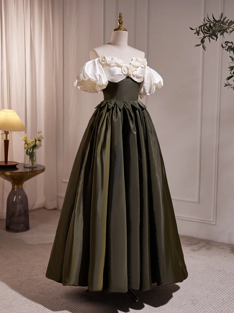 Vintage Mörkgrön Satin Balklänningar Prinsessa 2023 Blomma Av Axeln ...