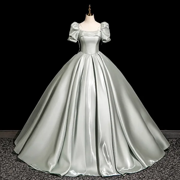 Demure Grey Satin Prom Dresses 2025 Ball Gown Square Neckline Short ...