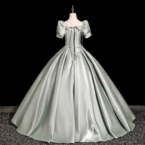 Demure Grey Satin Prom Dresses 2025 Ball Gown Square Neckline Short ...