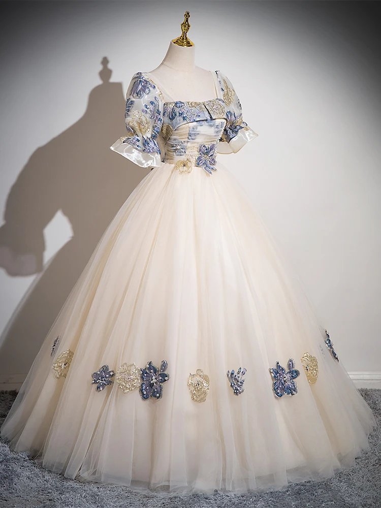 Elegante Champagner Drucken Ballkleider 2024 A Linie Eckiger Ausschnitt ...