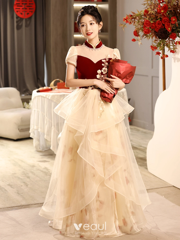 Chinese style Burgundy Beading Lace Flower Cascading Ruffles Prom ...