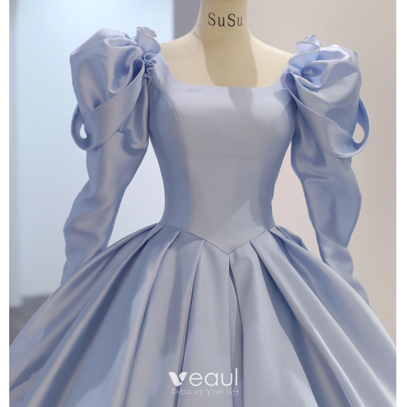 Illusion Sky Blue Satin Winter Prom Dresses 2023 Ball Gown Square ...