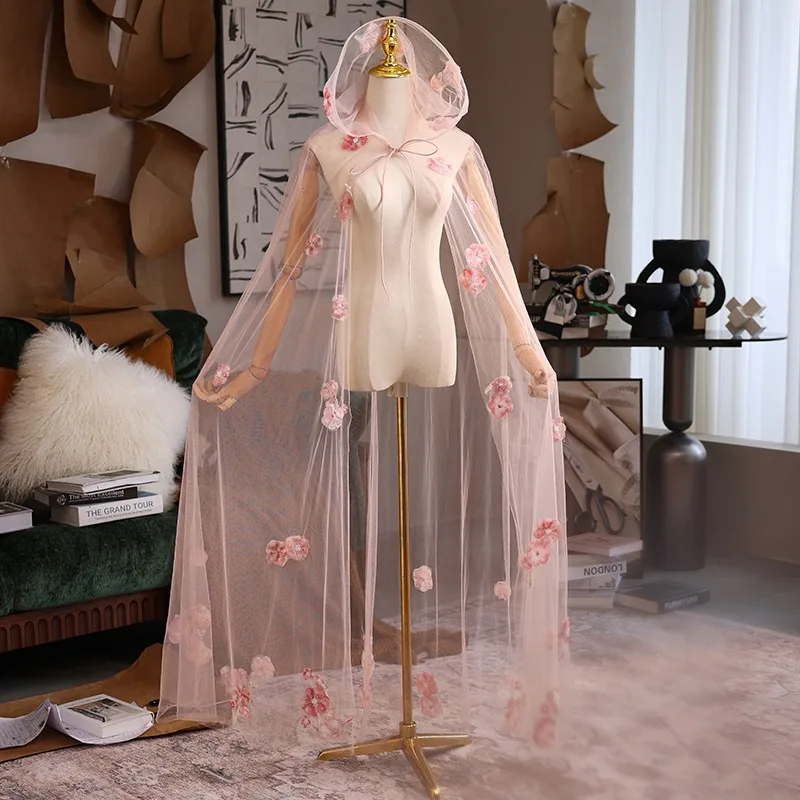 Lovely Blushing Pink Handmade Appliques Prom Shawl Cloak 2025 Tulle