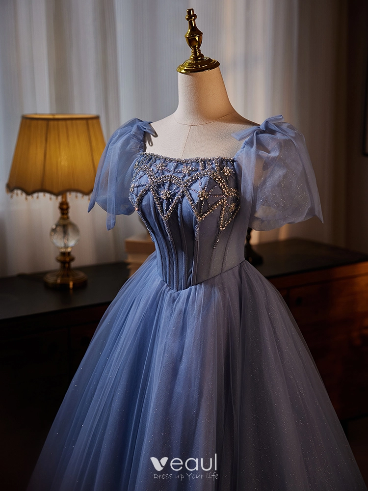 Chic / Beautiful Ocean Blue Glitter Rhinestone Prom Dresses 2024 Ball ...