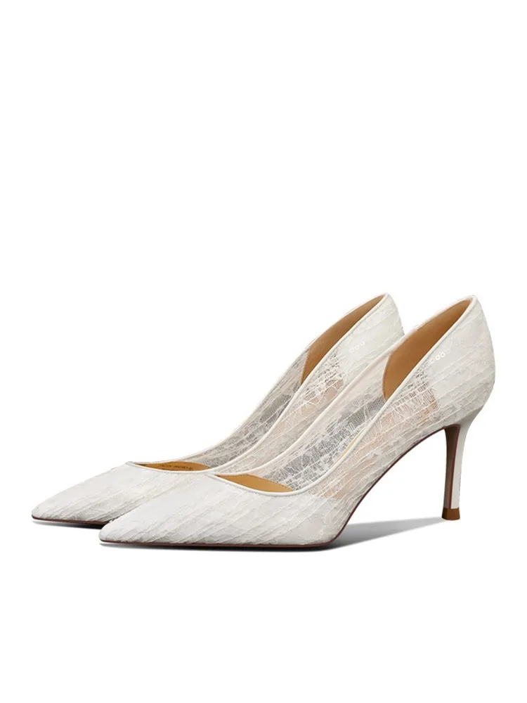 Elegant Hvit Blonder Blomst Brudesko 2024 Lær 6 cm Stiletthæler Spisse ...