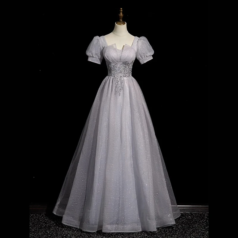 Eleganta Grå Beading Paljetter Balklänningar 2023 Prinsessa Fyrkantig ...