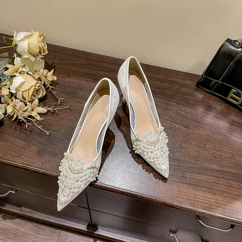 Elegant Hvit Blonder Rhinestone Brudesko 2024 Lær 8 cm Stiletthæler ...