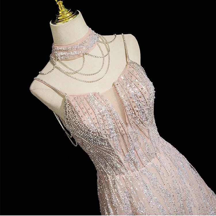 Sparkly Blushing Pink Beading Rhinestone Sequins Prom Dresses 2025 A ...