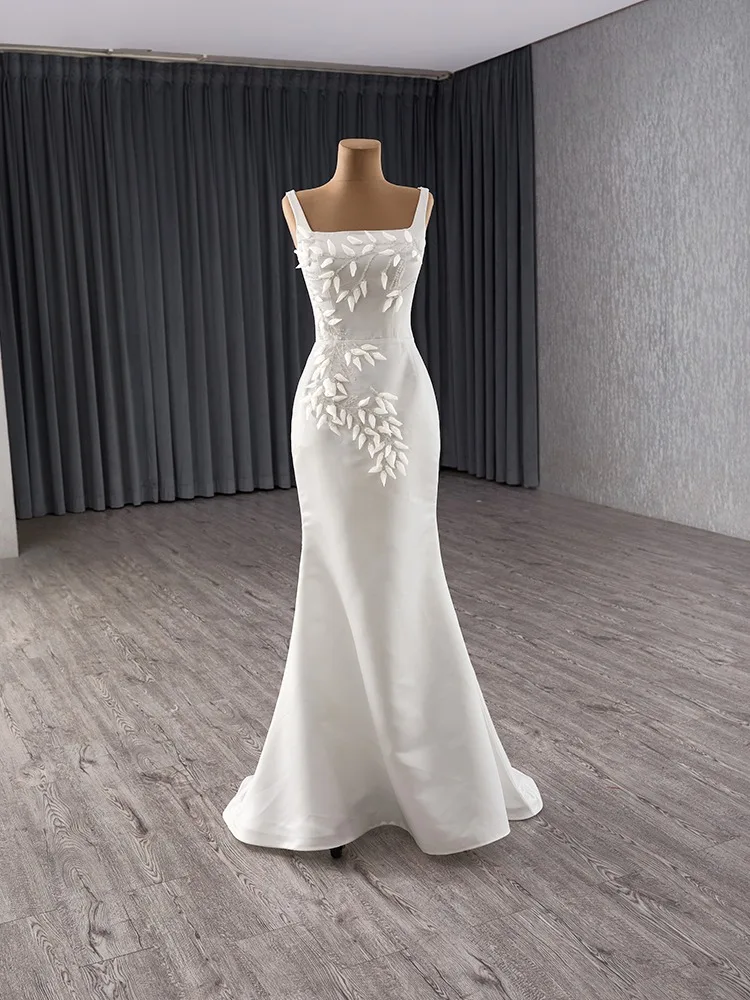 High-end Vita Paljetter Blomma Satin Bröllopsklänningar 2024 Trumpet ...