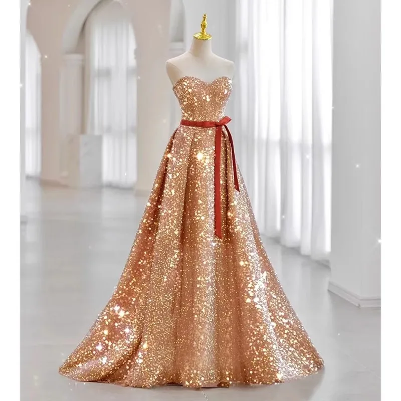 Sparkly Gold Sequins Bow Sash Prom Dresses 2024 A-Line / Princess ...