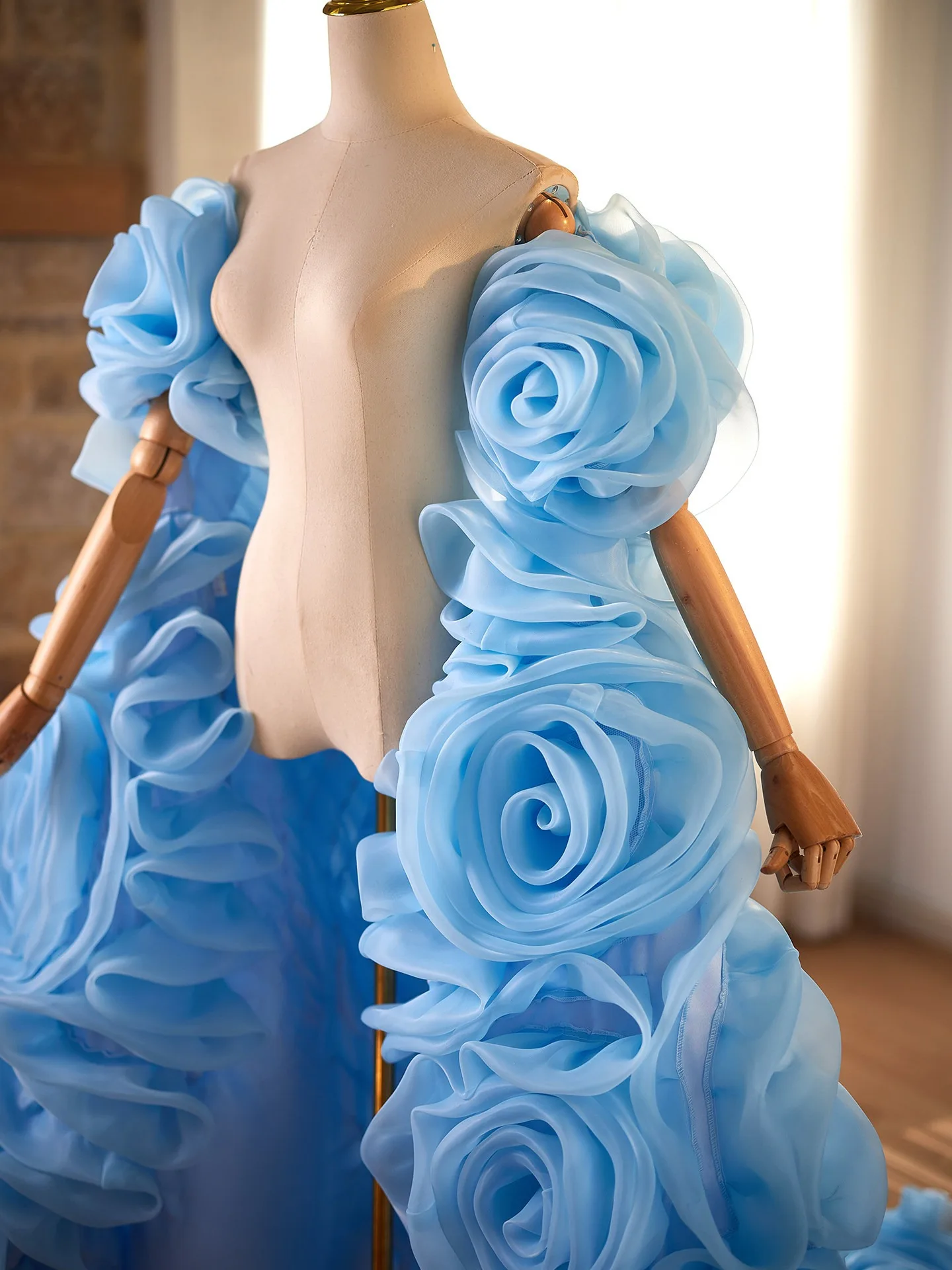 Flower Fairy Sky Blue Handmade Ruffle Flower Prom shawl 2026 Tulle