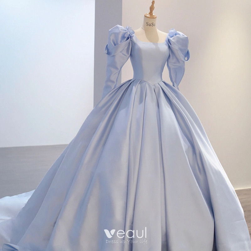 Illusion Sky Blue Satin Winter Prom Dresses 2023 Ball Gown Square ...