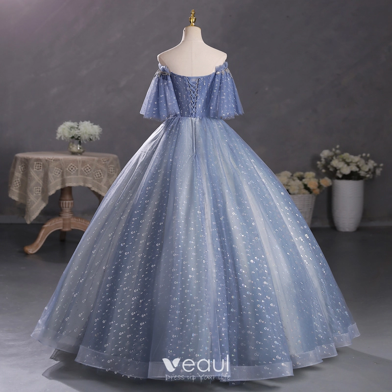Chic / Beautiful Ocean Blue Beading Prom Dresses 2023 Ball Gown Off-The ...